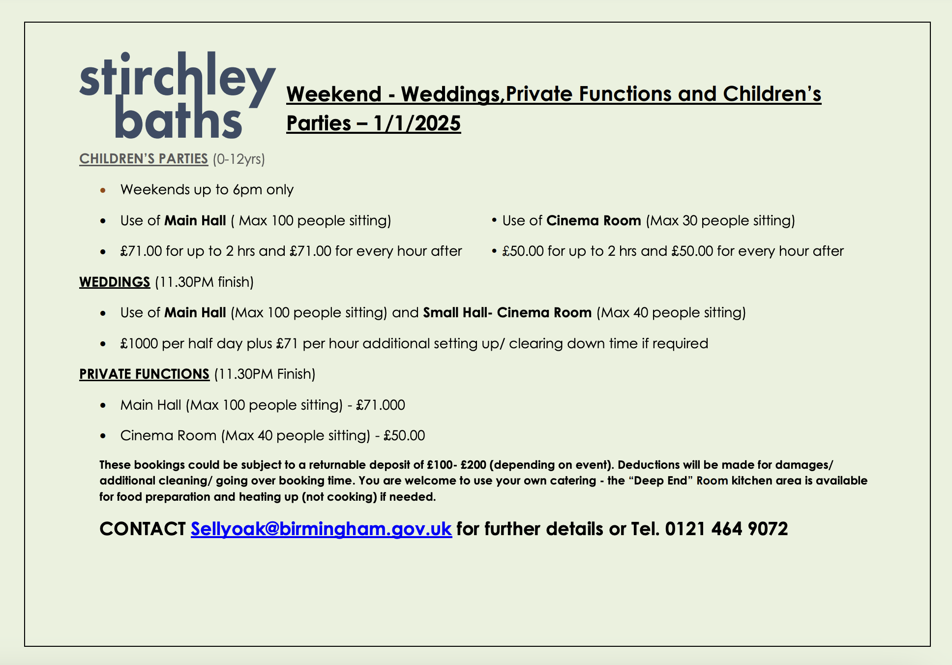 Room Hire Charges – Stirchley Baths